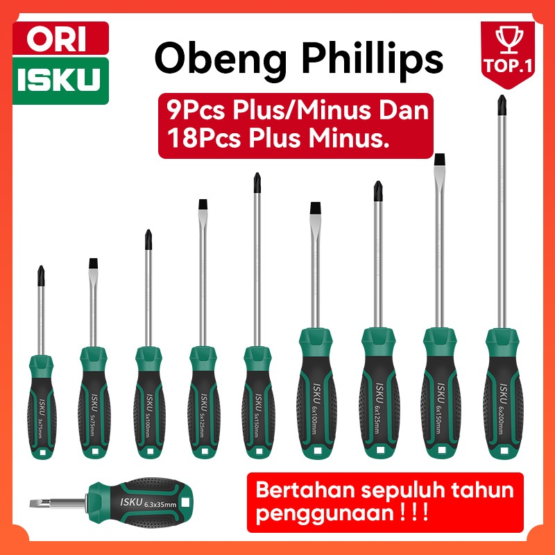 Jual ISKU Obeng Magnet Set 18Pcs Plus Minus Obeng Listirk Gangang Karet ...