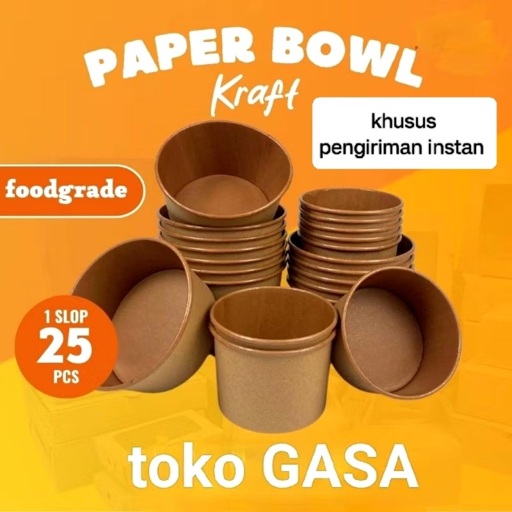 Jual (25pcs) paper bowl kraft 650ml - 800ml coklat laminasi 1 slop plus ...