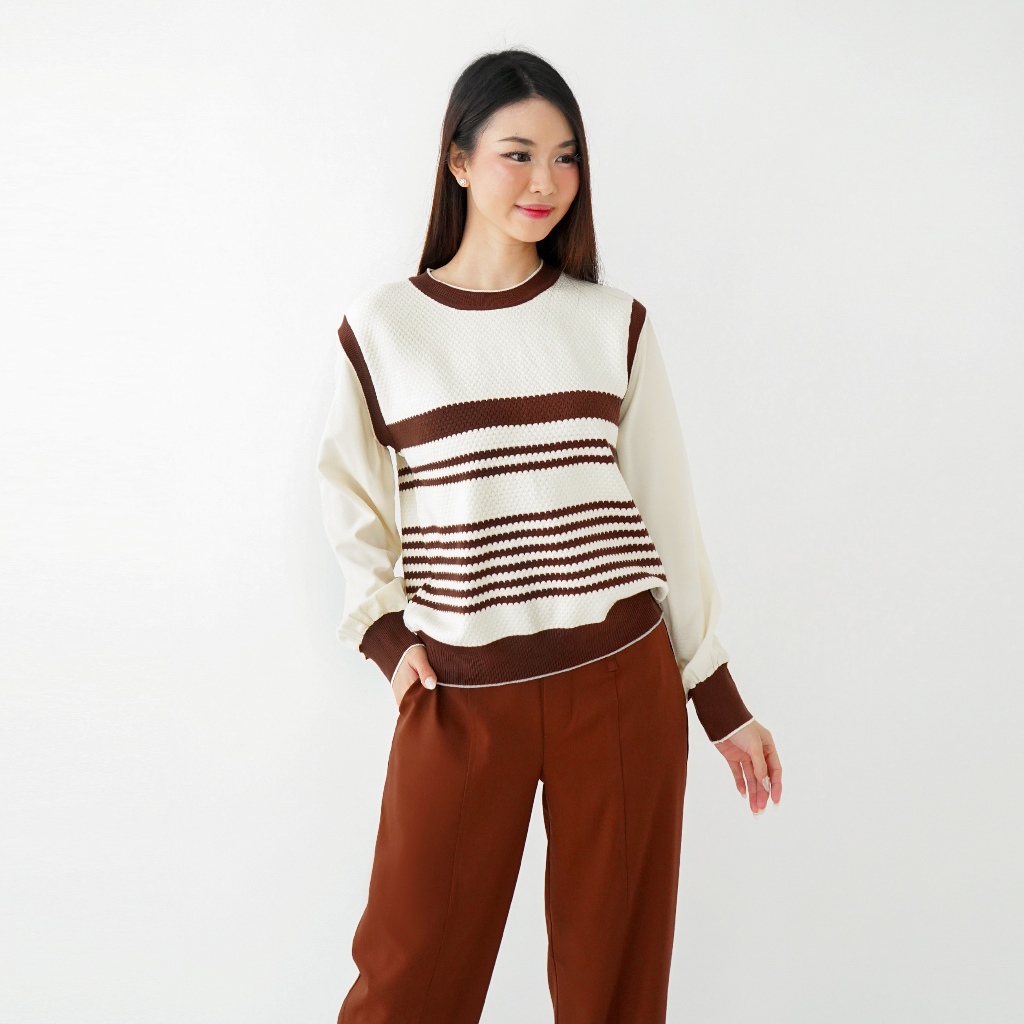 Jual QUEENTIN Sweater Wanita Rajut 7343 Mix Knit Motif Salur Kombinasi ...