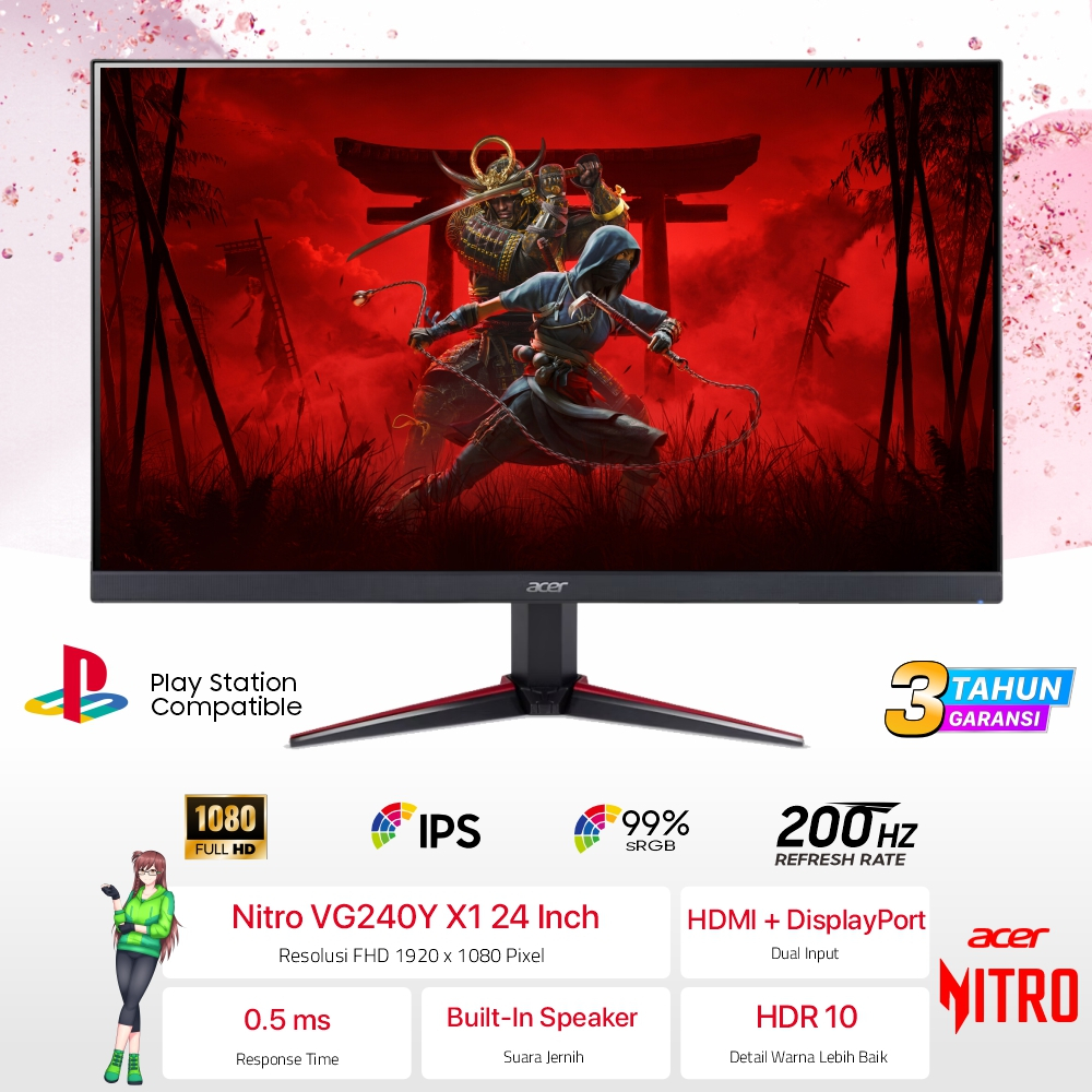 Jual Acer Nitro FullHD 200Hz 99% sRGB Speaker HDR10 Borderless VG240Y ...