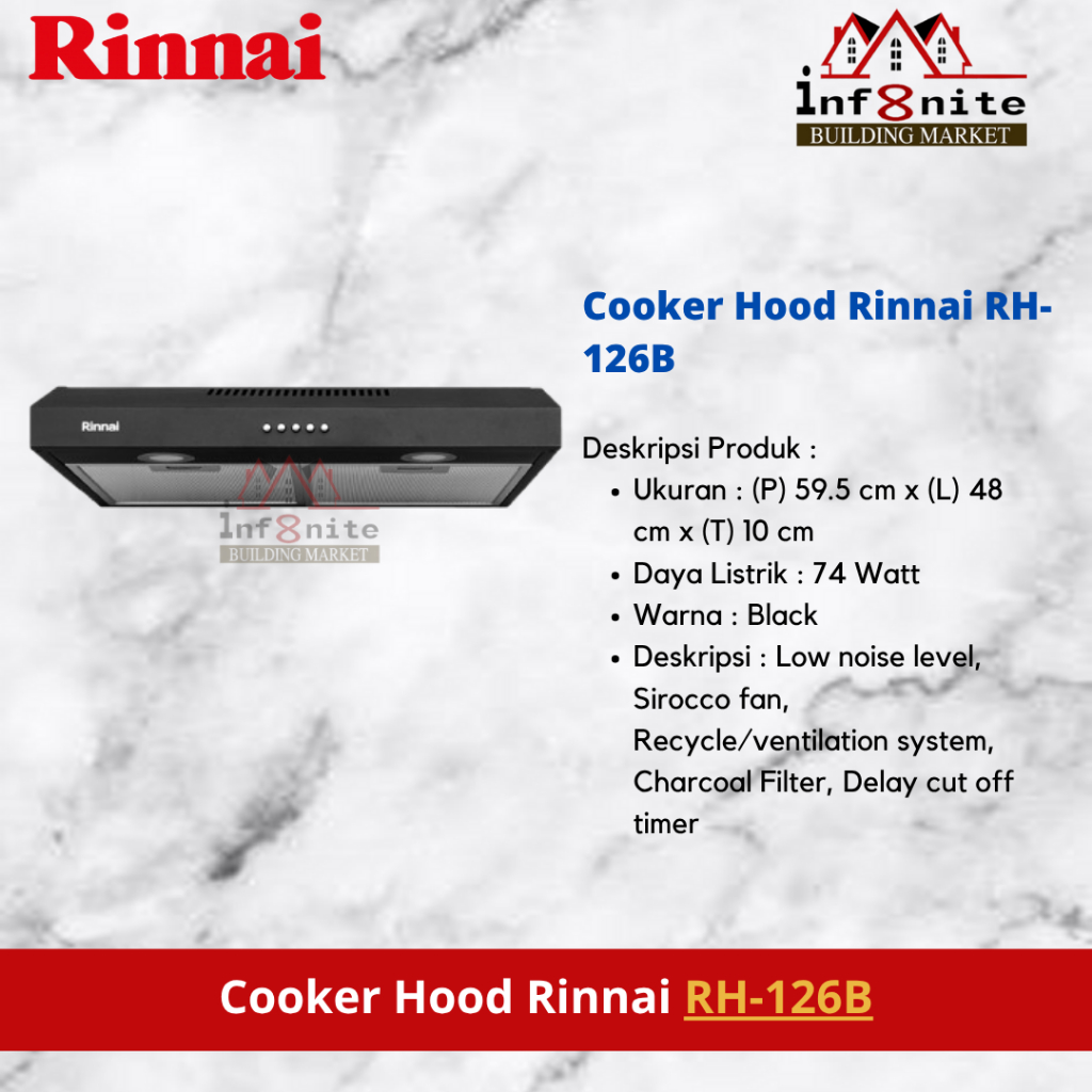 Jual Cooker Hood Penghisap Asap Dapur 60 cm Slim Black Rinnai RH126B RH 126 B RH-126B 60cm ...
