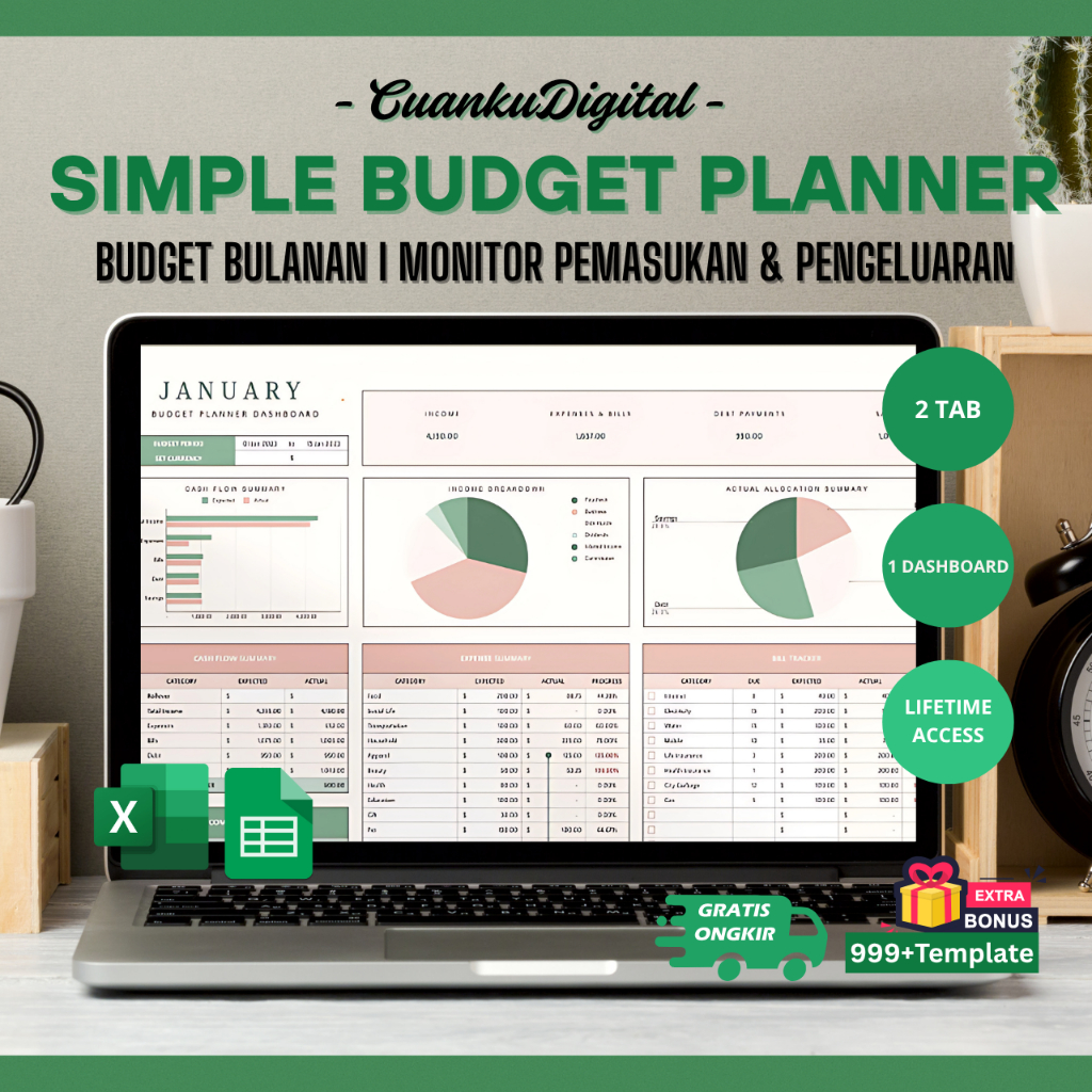Jual Template Budget Planner Bulanan Excel & Google Sheets | Catatan ...