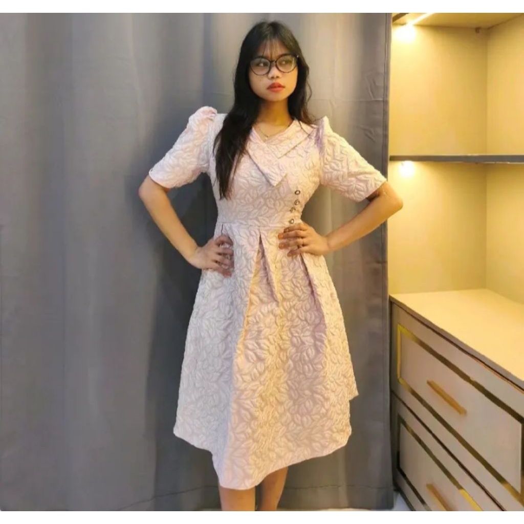 Jual New Arival Midi Dress Gaun Wanita Jacquard Emboss Tunik Elegan ...