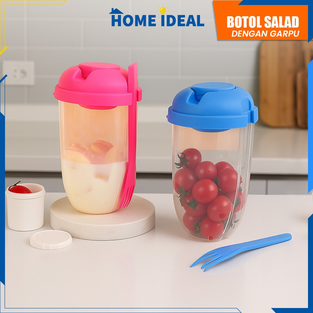 Jual Botol Salad Transparan 1000ML dengan Sendok Garpu Portable / Gelas ...