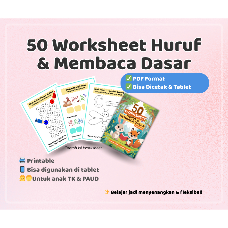Jual 50 Worksheet Huruf & Membaca Dasar – Printable & Digital (PDF ...