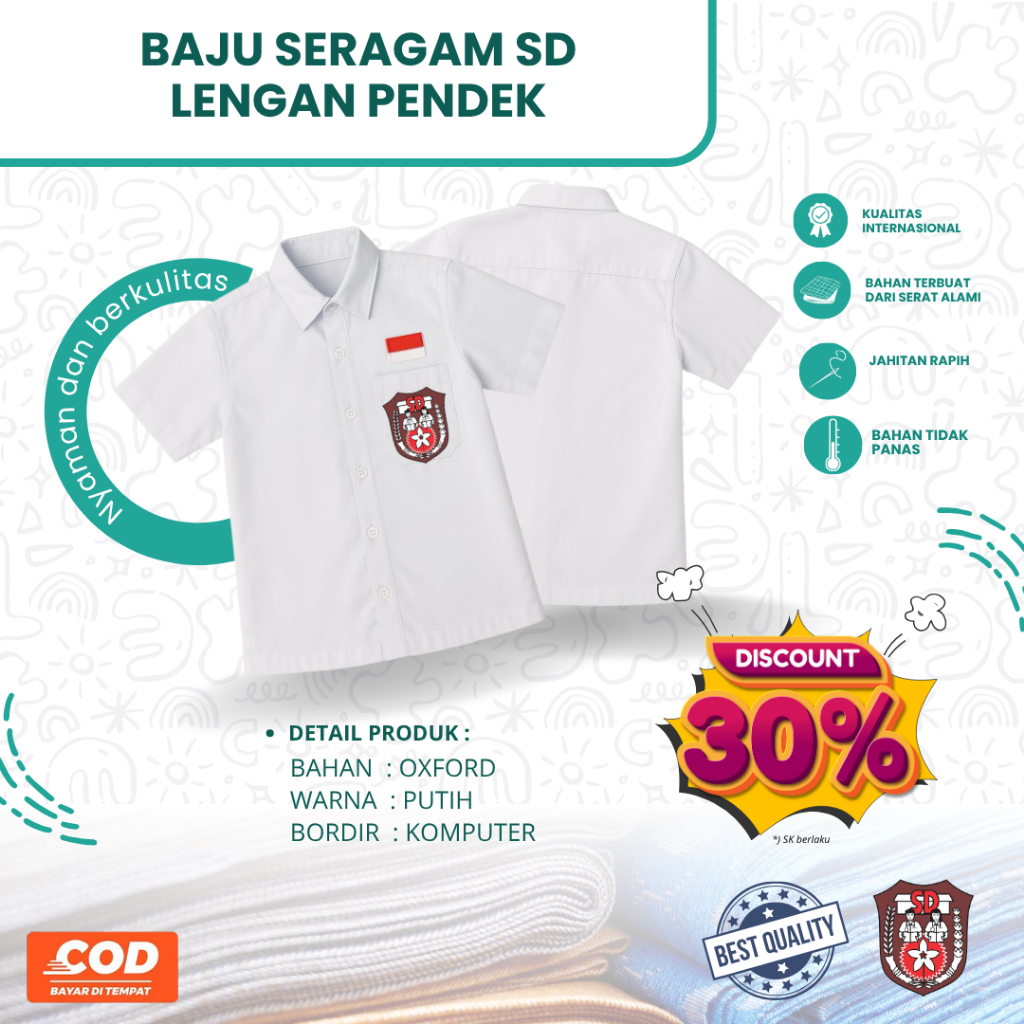 Jual BAJU SERAGAM SD BAJU SERAGAM SD LENGAN PENDEK MURAH BAJU PUTIH ...