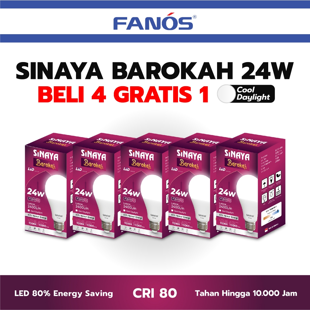 Jual Fanos Sinaya Barokah 24W [Beli 4 Gratis 1] Lampu LED Bohlam Cahaya Putih | Shopee Indonesia
