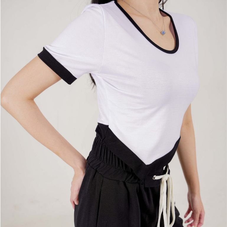 Jual 99kOUTLET One Set Crop Top Round Neck Atasan Lengan Pendek ...