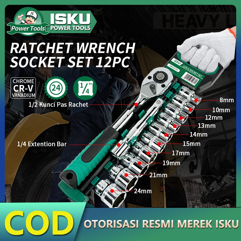 Jual ISKU Kunci Shock Set 12PCS CRV Drive Socket Wrench Set Socket ...