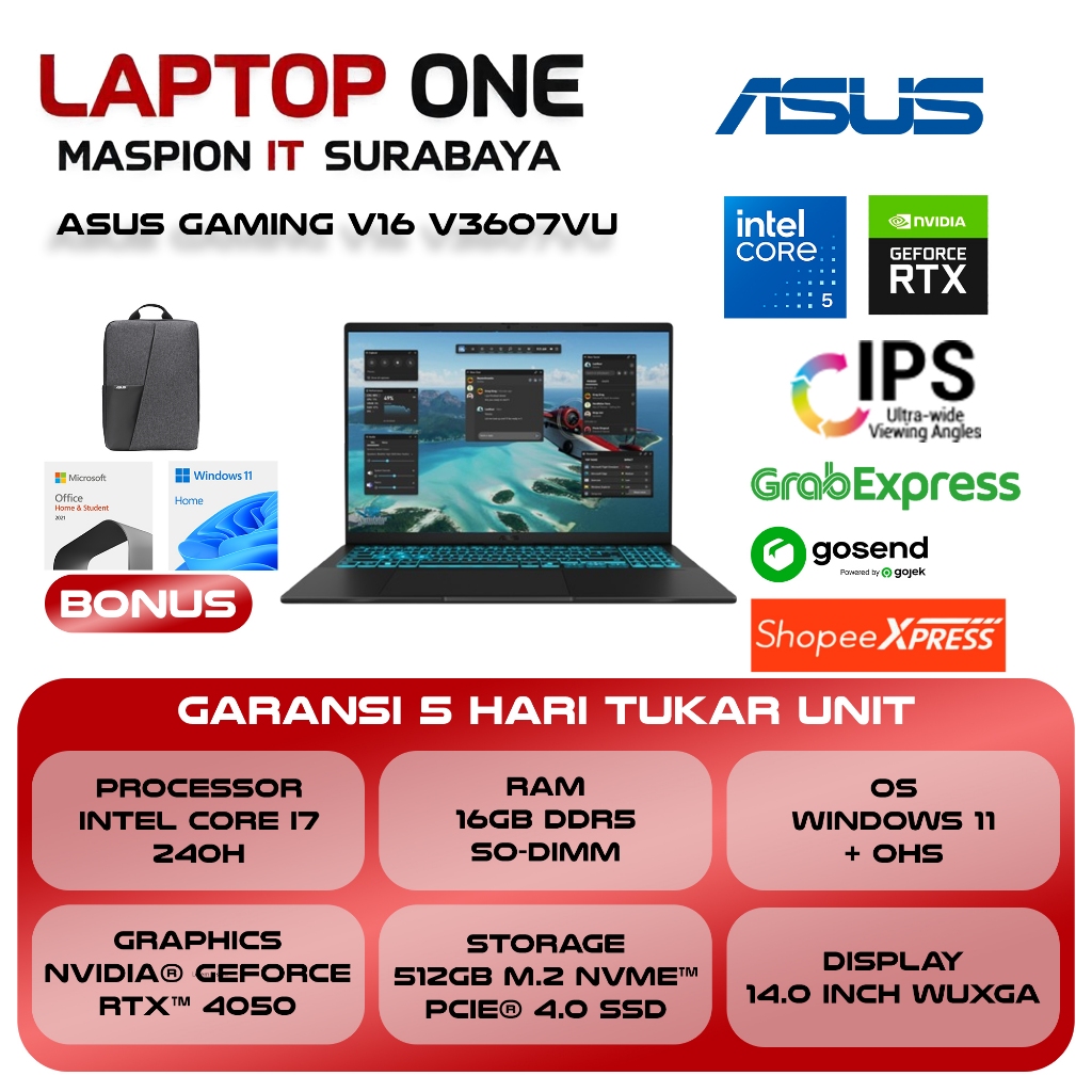 Jual ASUS GAMING V16 V3607VU CORE I7 240H RTX4050 6GB/ 16GB 512GB W11 ...