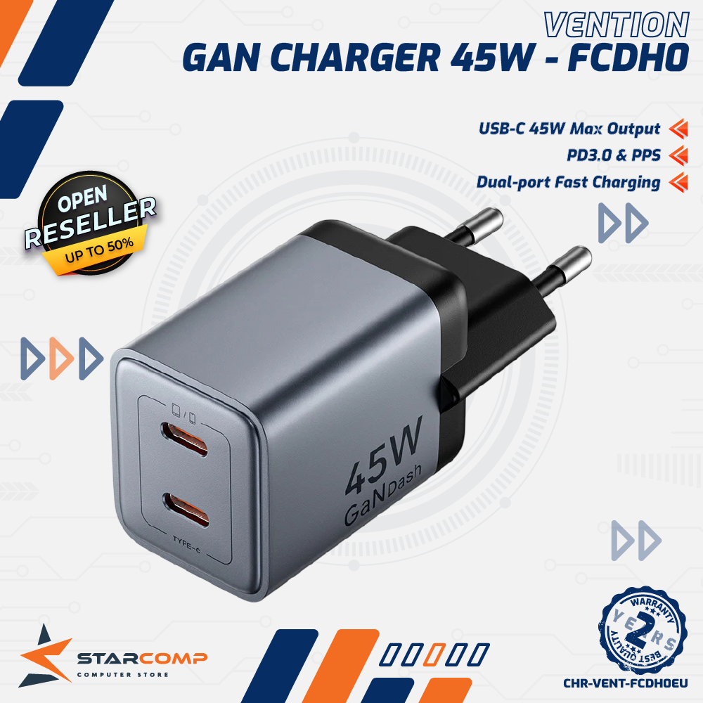 Jual Vention 2 Port USB (C + C) GaN Charger (45W/45W) - FCD | Shopee Indonesia