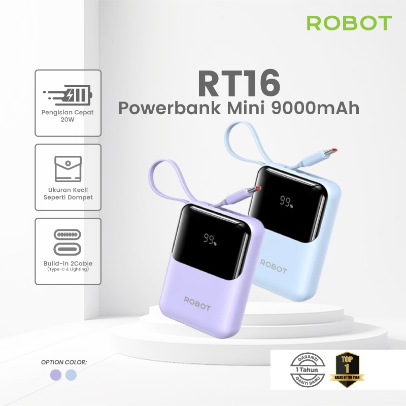 Jual ROBOT Mini Powerbank 9000mAh 20W PD 2 Built-in Kabel Lightning ...