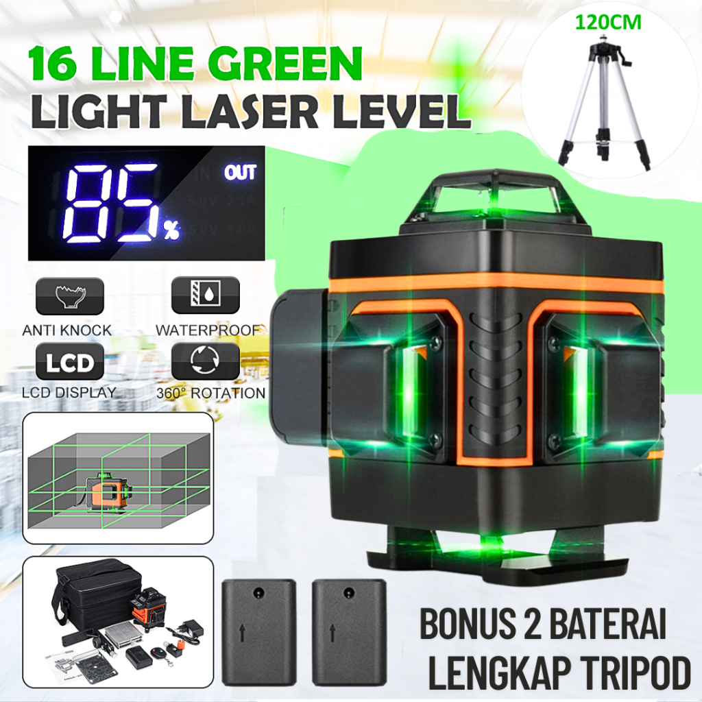 Jual MALL Taffware Laser Level 4D 16 Line komplit bonus 2 baterai ...