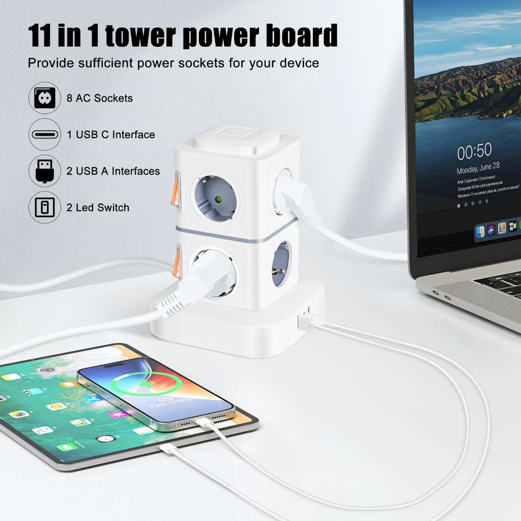 Jual Stop Kontak Power Socket Strip Tower Colokan Listrik 2500W 2 Susun 8 Soket Stop kontak ...