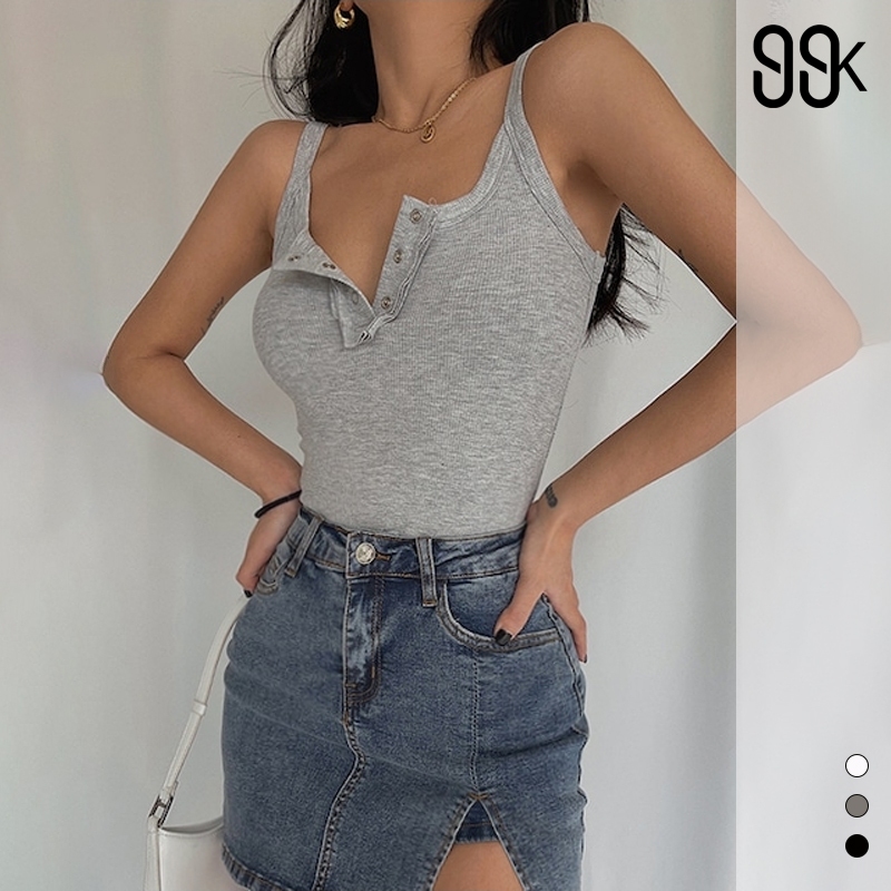 Jual 【Premium】99kOUTLET Tank Top Cropped Kancing Atas Spaghetti Strap Neck Tanpa Lengan 7282 (S ...