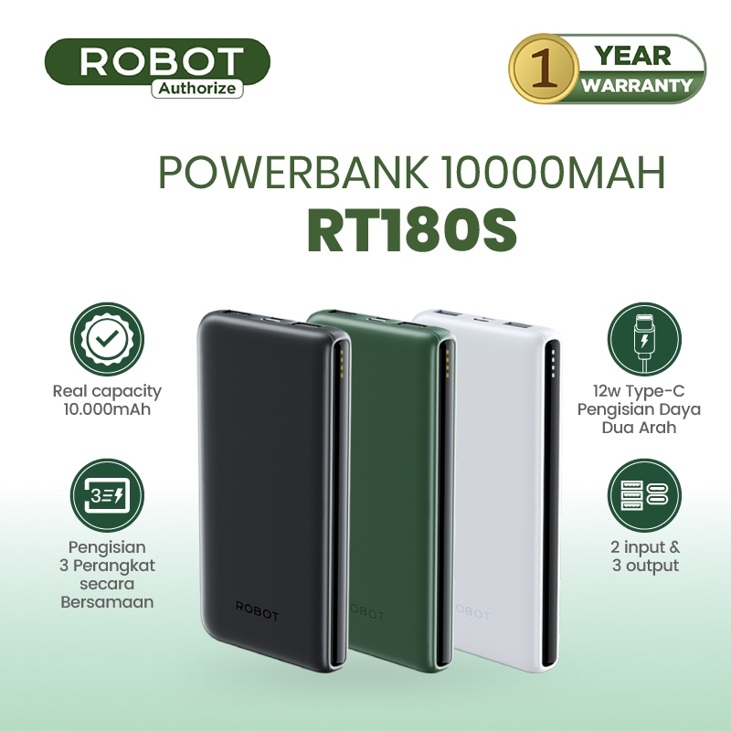 Jual ROBOT RT180S Slim Powerbank 10000mAh 3 Output Dual Input Type-C ...