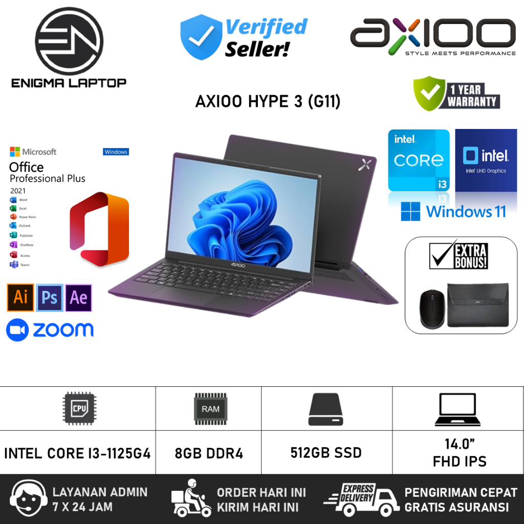 Jual Laptop Kantor Axioo Hype 3 Gen 11 Intel Core i3 1125G4 Ram 8GB 512GB SSD 14 Inch Full HD ...
