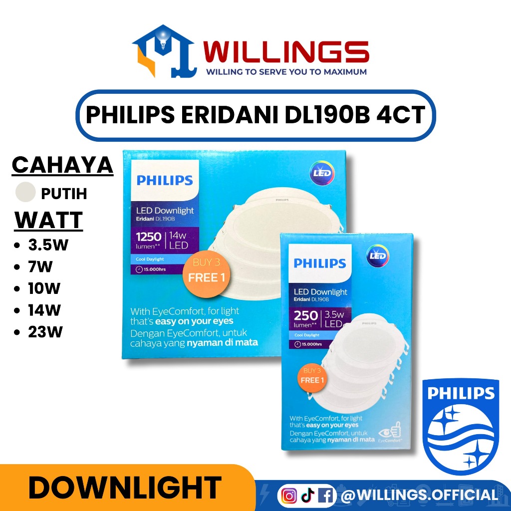 Jual WILLINGS - PHILIPS ERIDANI (SET 4 PCS) DOWNLIGHT CAHAYA PUTIH DL ...