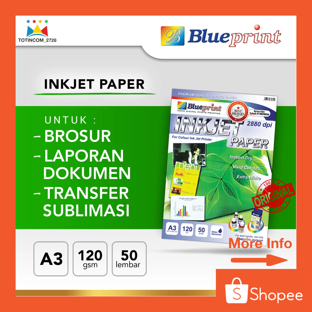 Jual Kertas Photo Blueprint Kertas Inkjet Paper Ukuran A3 120GSM isi 50 ...