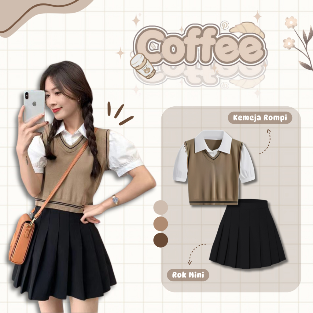 Jual One Set Korean Look Kekinian | Kemeja Rompi Knit + Rok Mini Hitam ...