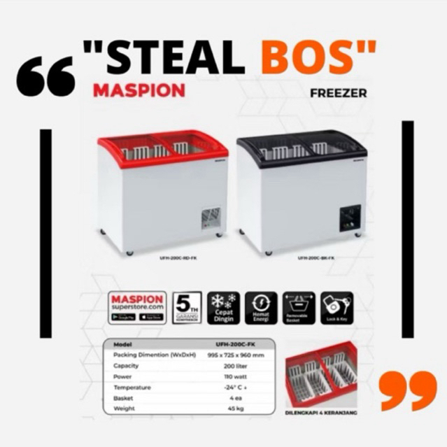 Jual MASPION chest freezer UFH 200 C chest freezer box 200 liter kaca ...