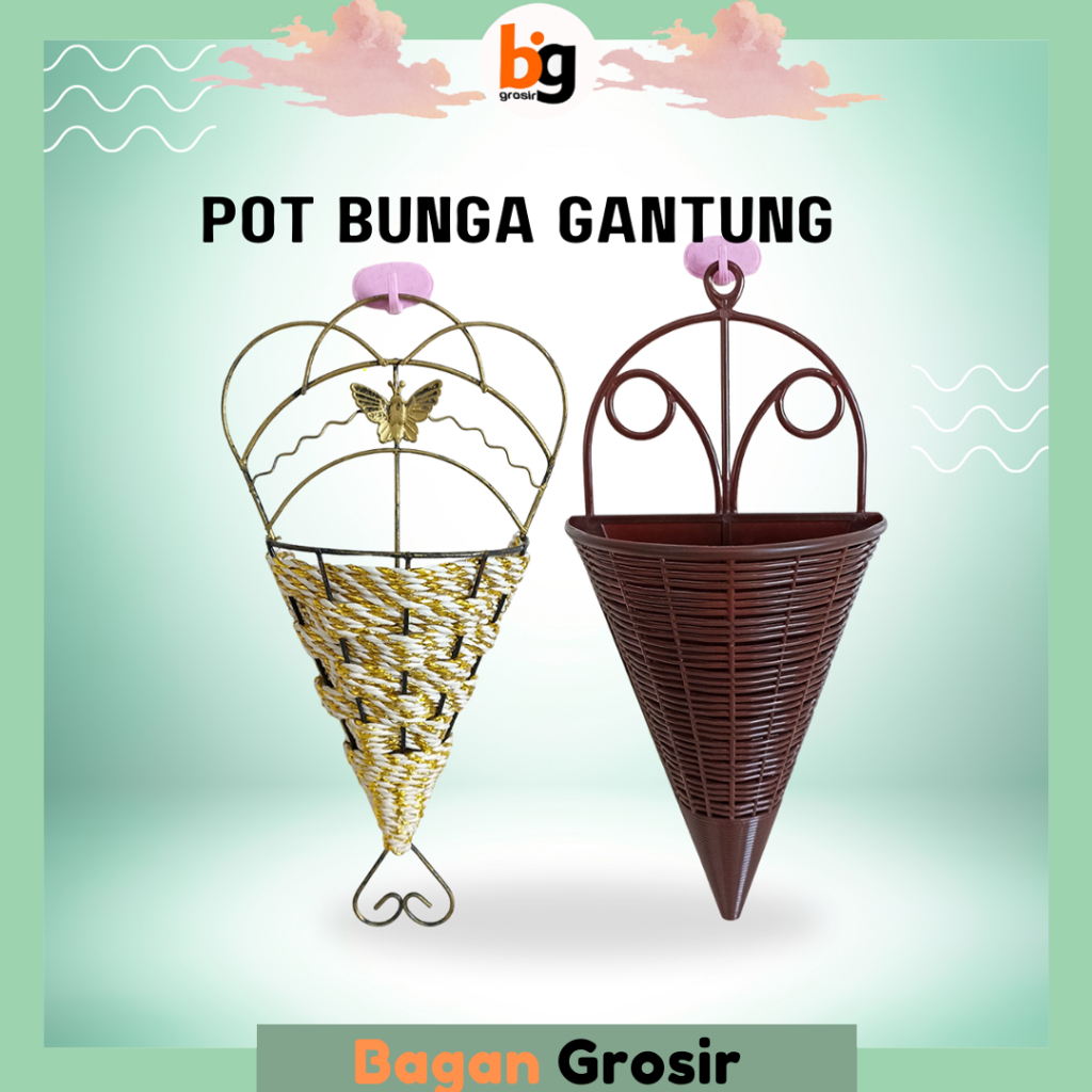 Jual BG Pot Bunga Gantung Rotan Anyaman Pot Plastik Tempel Hiasan Dekor ...