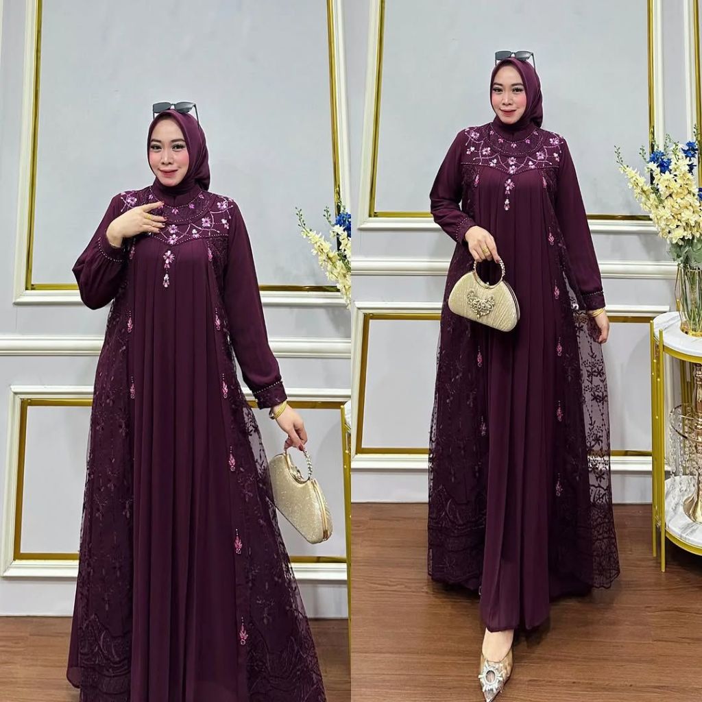 Jual Gamis Burgundy Ellena Bahan Ceruty Babydoll Mix Brukat Tille Garden Dress Pesta Pernikahan ...