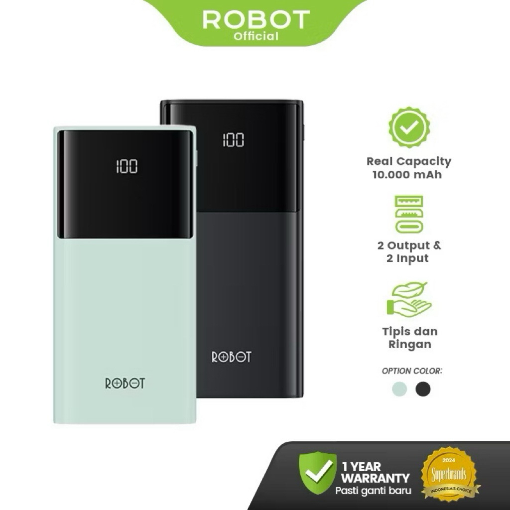 Jual PowerBank ROBOT RT190S 10000mah 2A Dual Output and input Port Type ...