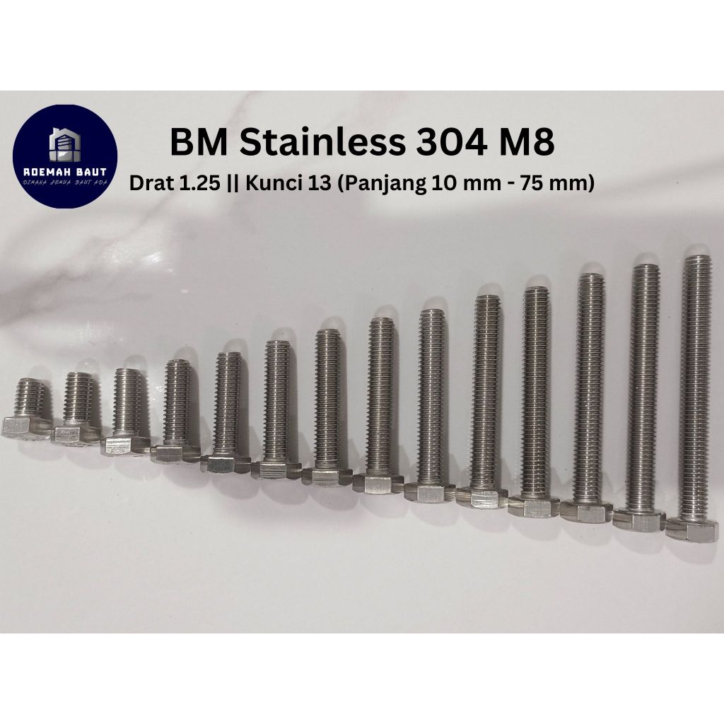 Jual Baut Mur Stainless Steel 304 M8 (Kunci 13) Panjang 15 Mili - 75 ...