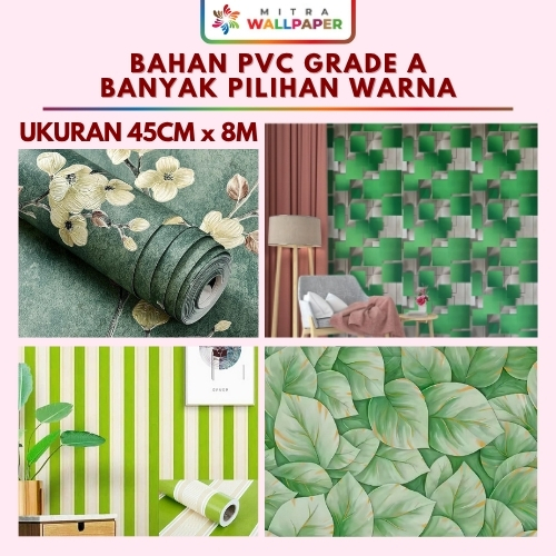 Jual Wallpaper Sticker Dinding Motif Daun Hijau Walpaper Stiker Salur Bambu Bunga Polos Warna ...