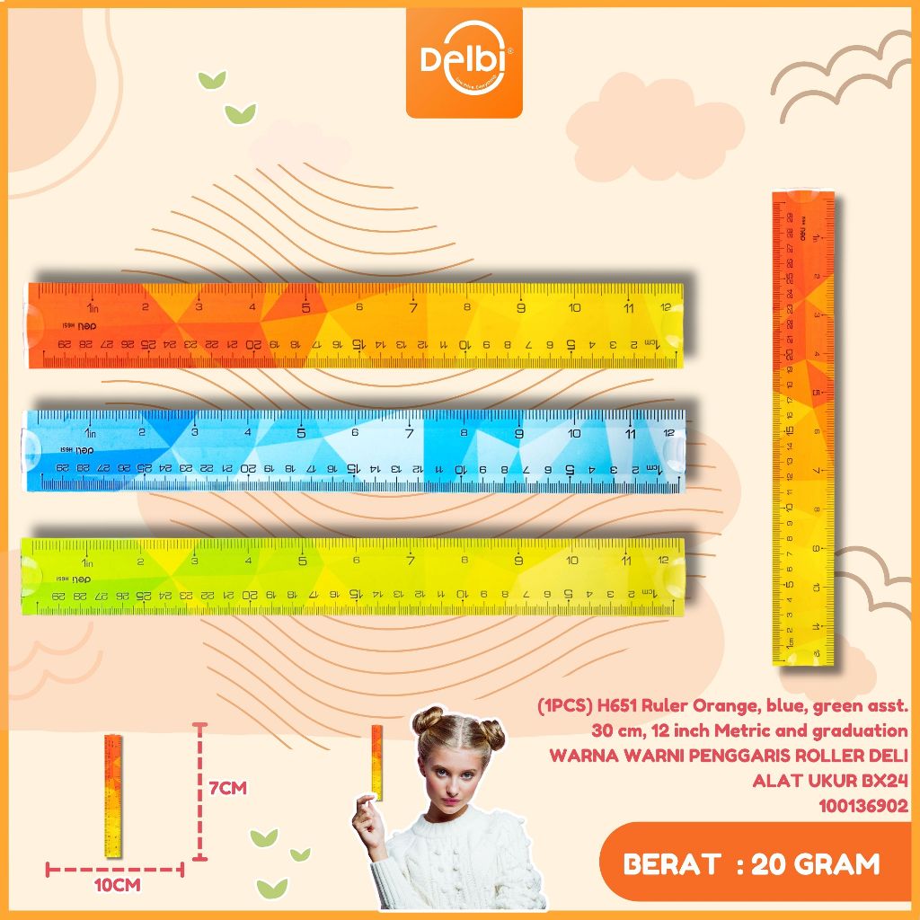 Jual penggaris deli 30cm (1PCS) H651 Ruler Orange, blue, green asst. 30 ...