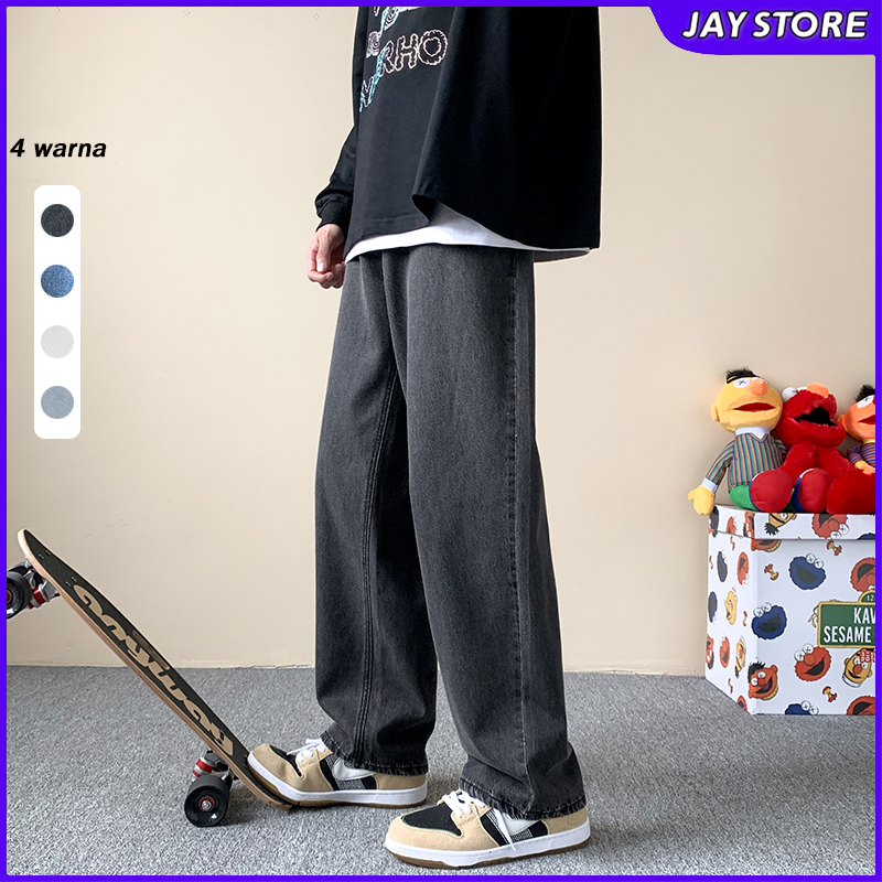Jual Celana jeans pria panjang Korean style hitam Straight pants Loose gombrang Baggy Celana ...