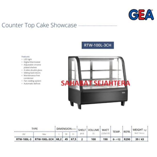 Jual GEA Counter Top Cake Showcase RTW-100L-3CH Kabinet Display ...