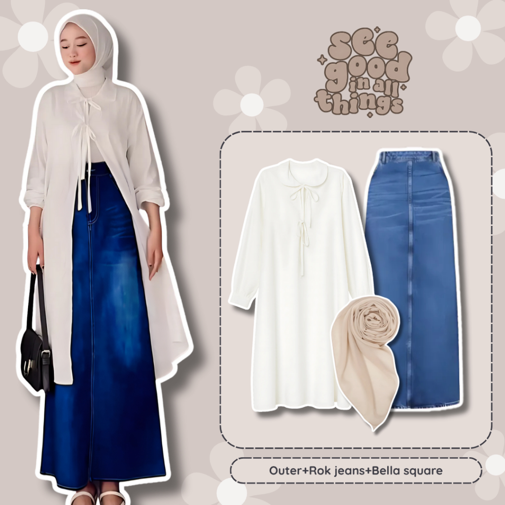 Jual One Set 3in1 Wanita (Long outer, Rok jeans, Bella square) Setelan ...