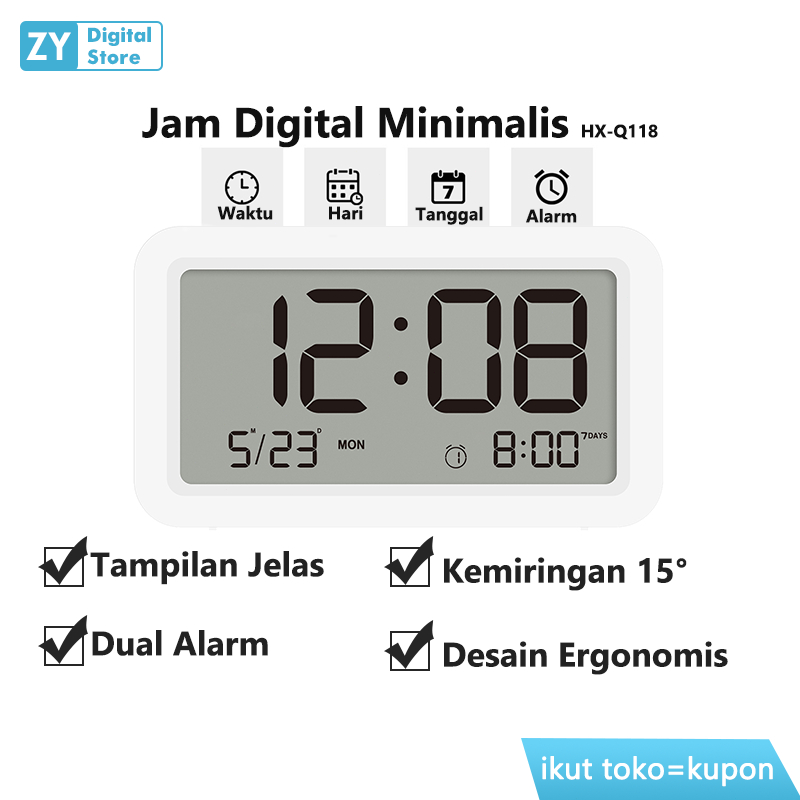 Jual Jam Digital Minimalis HX-Q118 Tampilan Jelas & Dual Alarm Tampilan Tanggal/Hari/Waktu ...