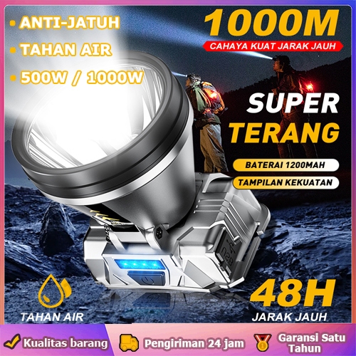 Jual LED Senter Tangan Listrik Super Terang Tahan Air Headlamp Senter Isi Ulang USB 500W / 1000W ...