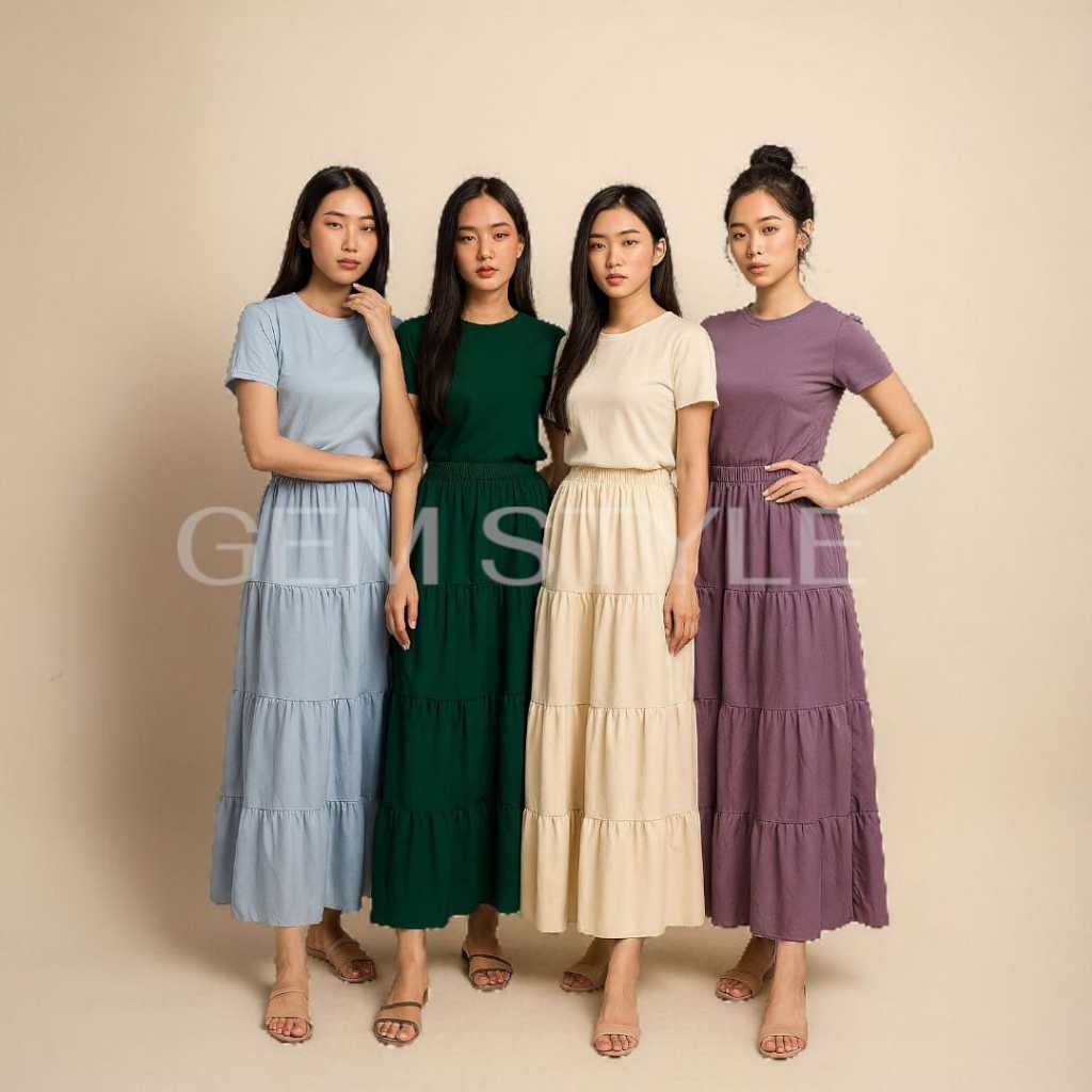 Jual Gem style Rok susun 4 bahan Hyget all size fit 50-80kg | Shopee ...