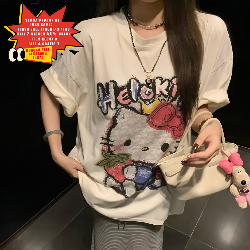 Jual Kaos Wanita Katun Hello Kitty - Kerucut Basic Santai, Model ...