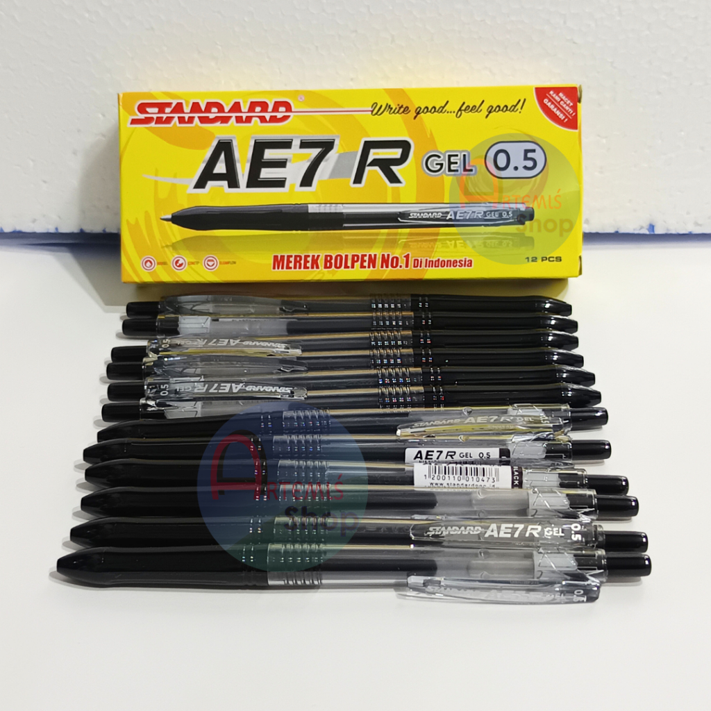 Jual Pulpen Gel STANDARD AE7 R Gel Retractable 0.5 mm Tinta Hitam Isi 12 pcs | Shopee Indonesia
