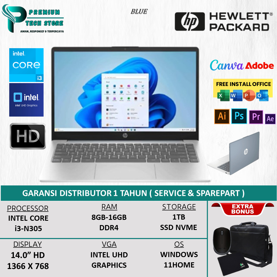 Jual Laptop Slim HP 14 Intel Core i3 N305 Ram 16GB SSD 1TB Nvme HD ...