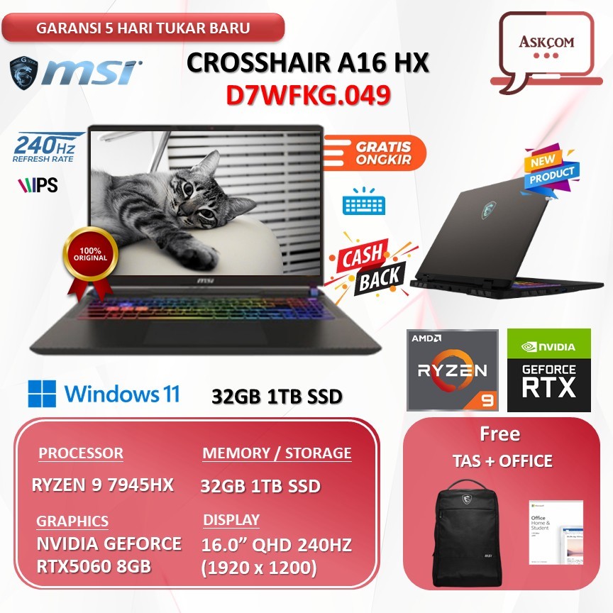 Jual MSI CROSSHAIR A16 HX RYZEN 9 7945HX RTX5060 8GB | 32GB 1TB W11+OHS 16.0QHD+ 240HZ D7WFKG ...
