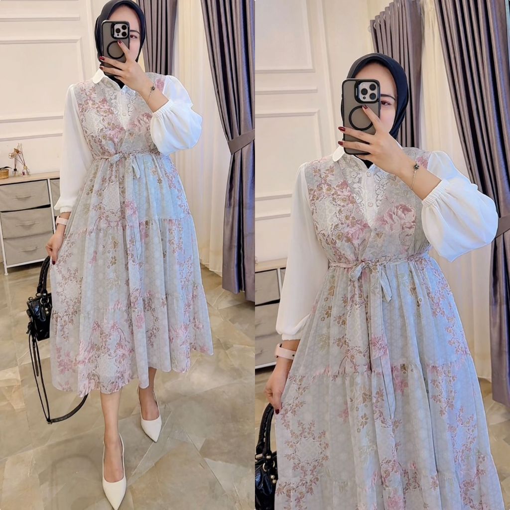 Jual LIBUNCA - Midi Dress Bunga Ceruty Babydoll Lengan Balon - Full ...