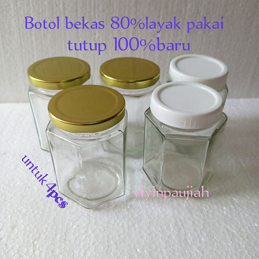 Jual Botol Hexagonal paket 4pcs tutup plastik 250ml/botol kaca/toples ...