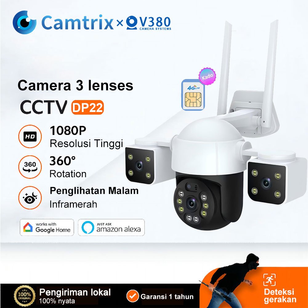 Jual Camtrix V380 Pro CCTV 3 Lens 360 Rotation WiFi/4G SIM card Connecting Cell Phone Remote ...