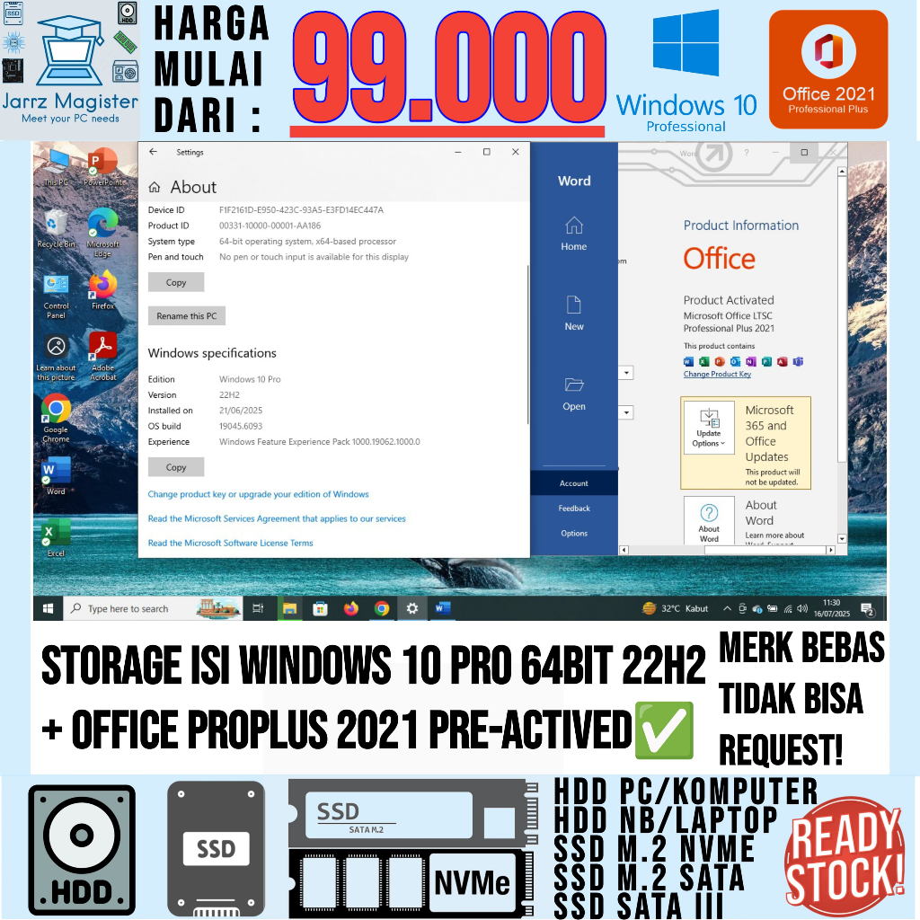 Jual Storage isi Windows 10 Pro (64Bit) 22H2 + Office Profesional Plus ...