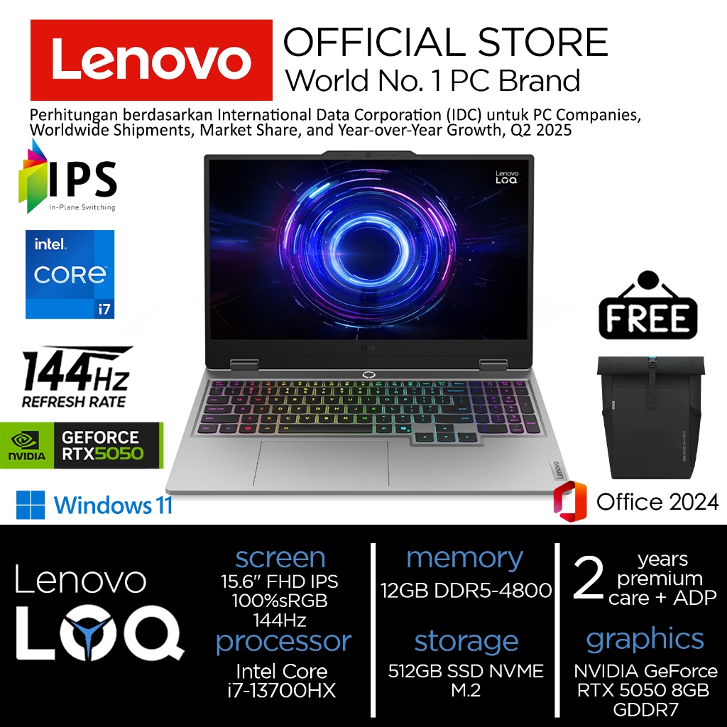 Jual Lenovo LOQ Gaming i7-13700HX RTX5050 512GB SSD 12GB/16GB IPS 100%sRGB 144Hz Win11+OHS ...