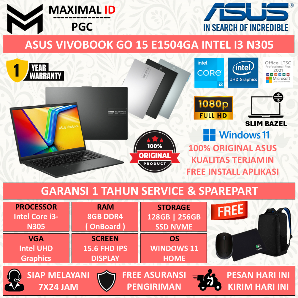 Jual Laptop Asus Vivobook Go 15 E1504GA Intel Core I3 N305 8GB 256GB 15 ...