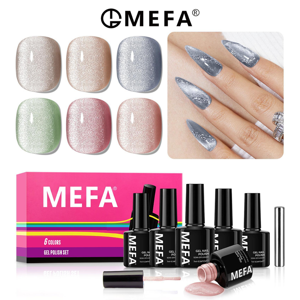 Jual MEFA Cat Eye Gel Nail Set Polish, Holographic Glitter 6 Warna ...