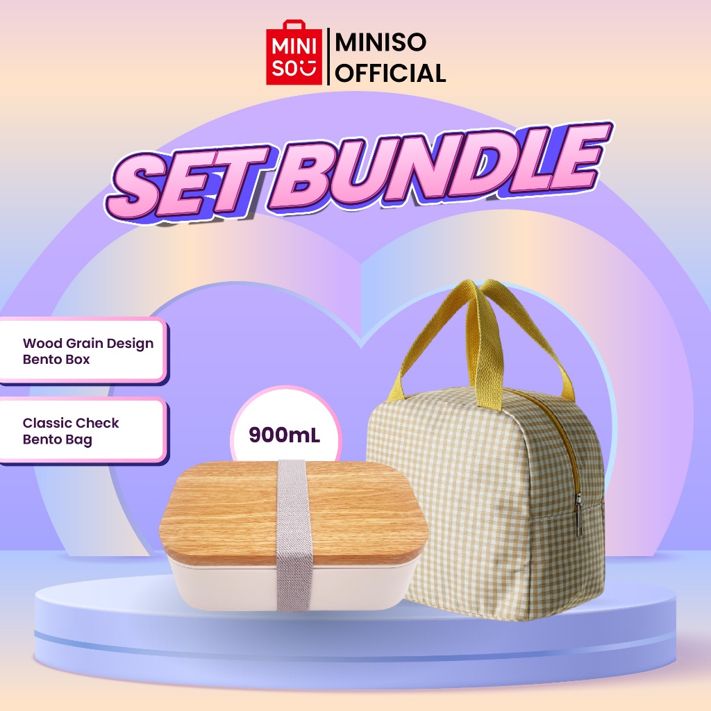 Jual [BUNDLE KOTAK MAKAN] MINISO Kotak Makan 900ml Wood Design + Tas ...