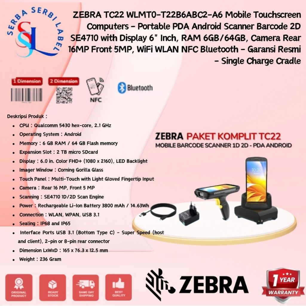 Jual ZEBRA TC22 WLMT0-T22B6ABC2-A6 Mobile Touchscreen Computers ...